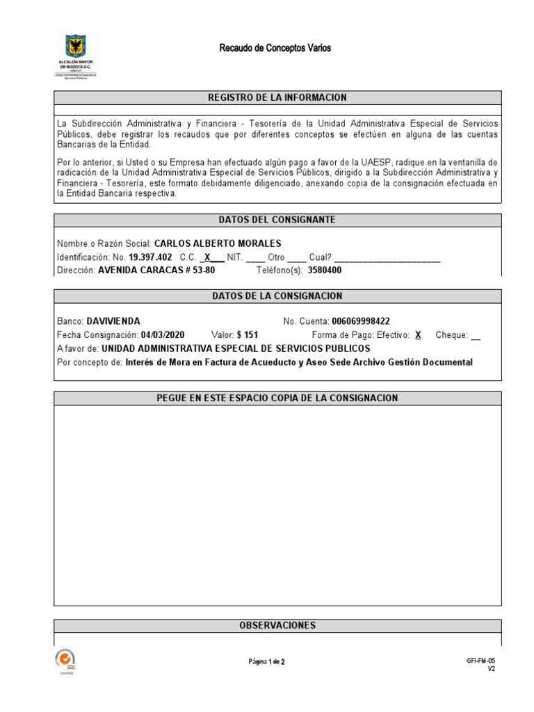 FM-05 - Formato - para - Recaudo - de - Conceptos - Varios V2 | PDF ...
