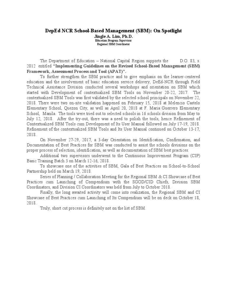 Deped NCR School-Based Management (SBM) : On Spotlight: Framework ...