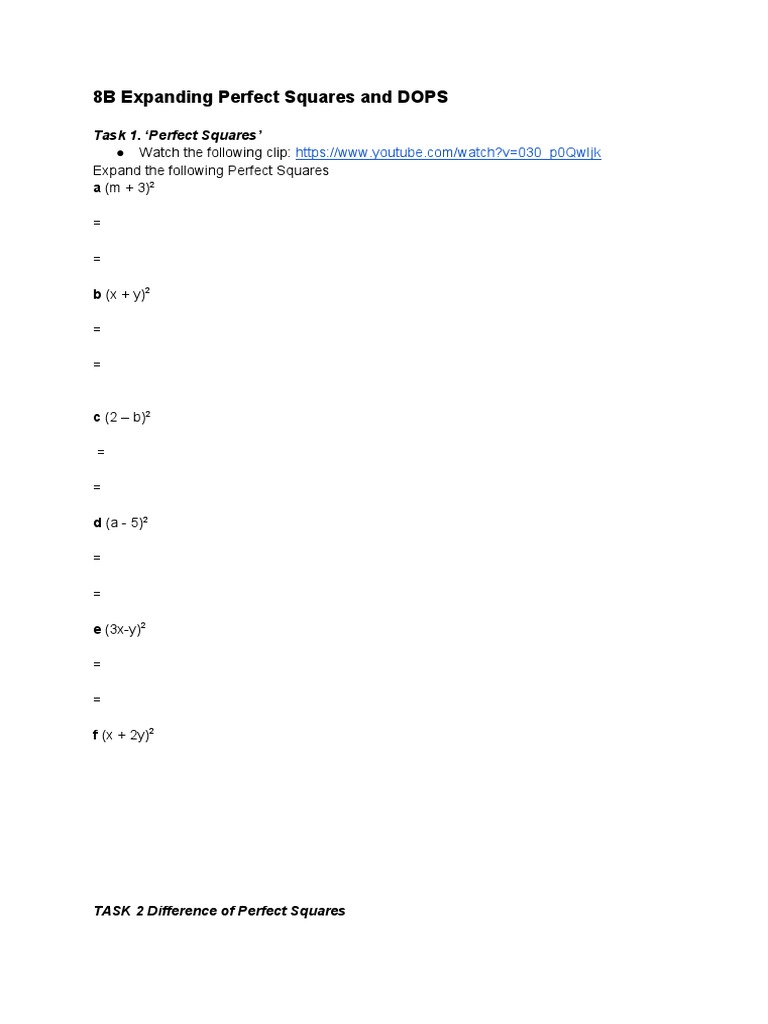 8b Expanding Perfect Squares and Dops | PDF | Teaching Methods & Materials