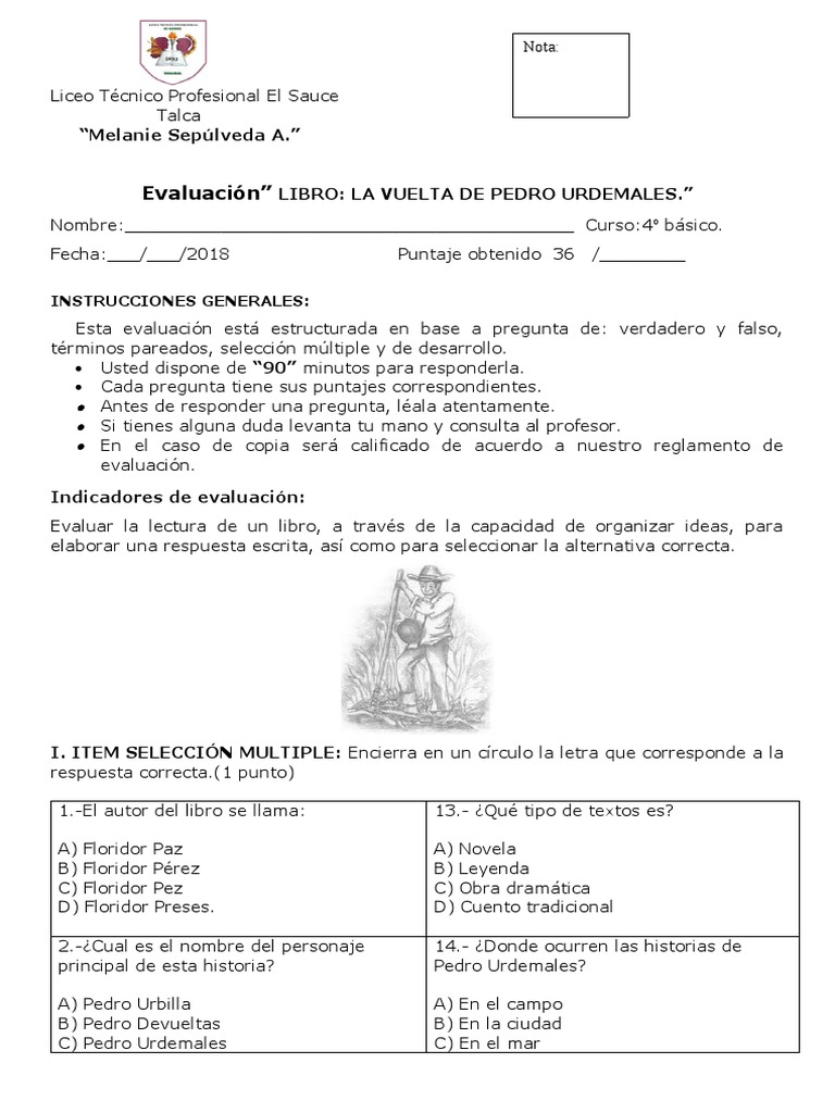 Evaluación sobre la lectura del libro "La vuelta de Pedro Urdemales ...