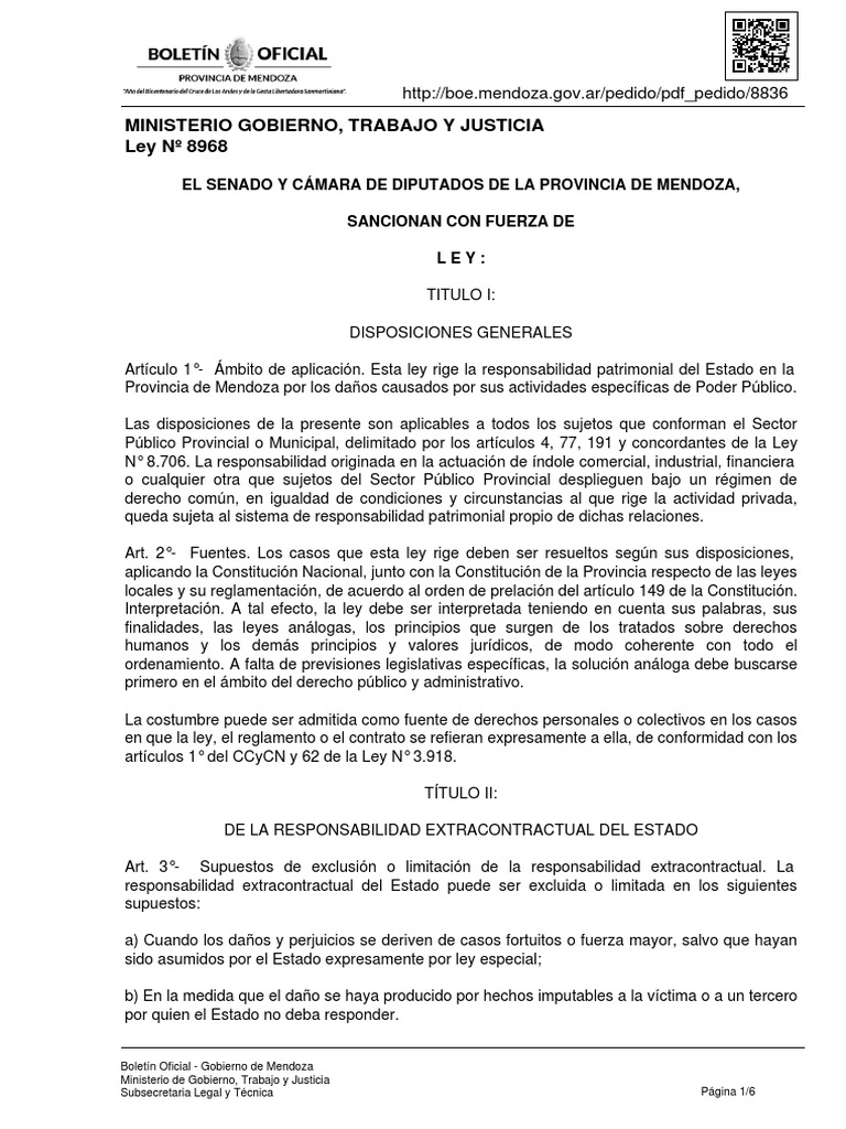 LEY PROVINCIAL 8968-Responsabilidad-Del-Estado-Mendoza | PDF | Estado (política) | Presupuesto