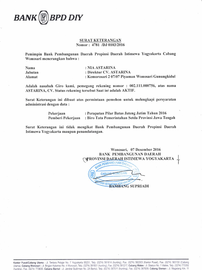 Surat Keterangan Bank BPD CV. ASTARINA | PDF