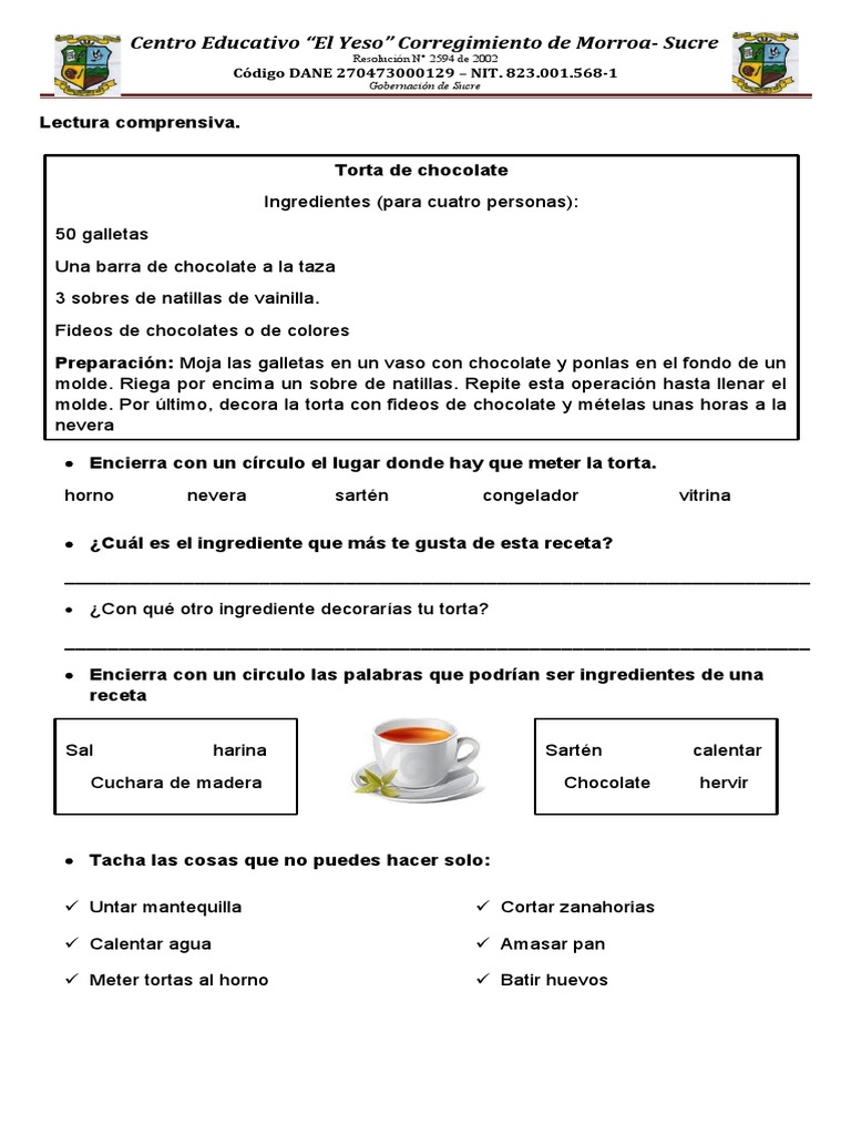Actividades de Comprensión Lectora | PDF | Alimentos