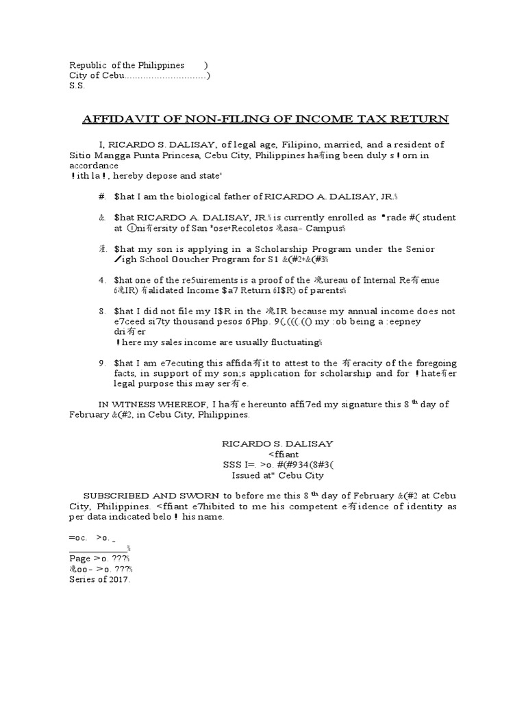 Affidavit of Non-Filing of Income Tax Return: Ricardo S. Dalisay | PDF
