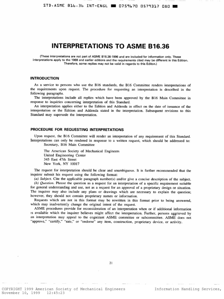 ASME B16 - 36 Interpretation To ASME B16 - 36 PDF | PDF