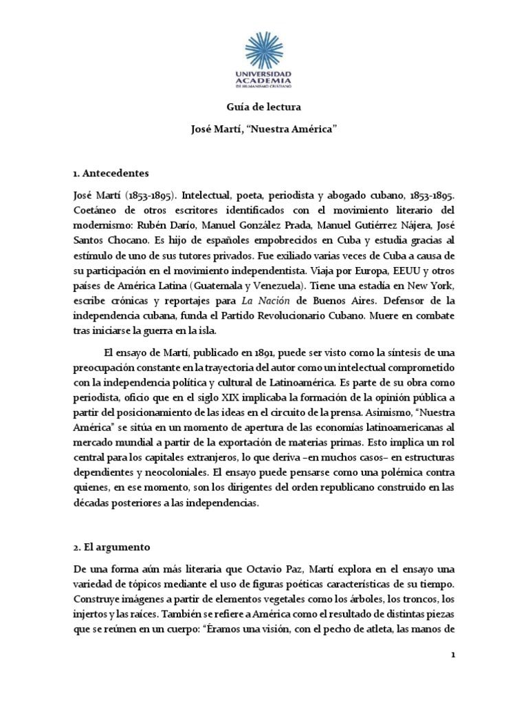 Guía de Lectura Martí. Nuestra América | PDF | Cuba | America latina