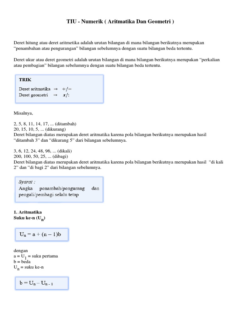 TIU - Numerik (Aritmatika Dan Geometri) : 1. Aritmatika Suku Ke-N (U) | PDF