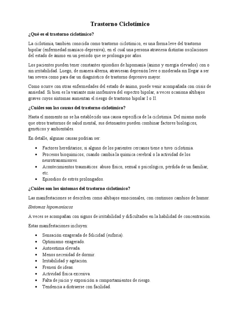 Trastorno Ciclotímico | PDF | Desorden bipolar | Depresión (estado de ...