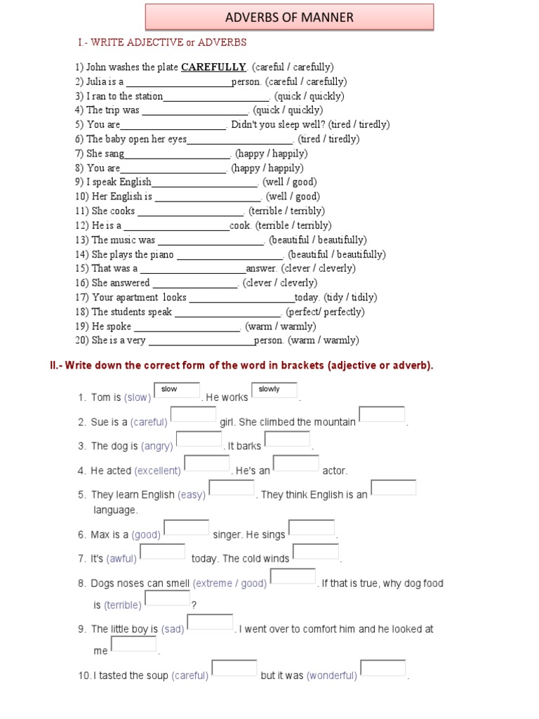 Adverbs of Manner Exercises | PDF | Adverb | Syntax