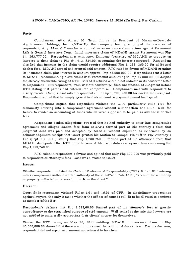 Sison JR v. Camacho (Case Digest) | PDF | Attorney's Fee | Lawyer