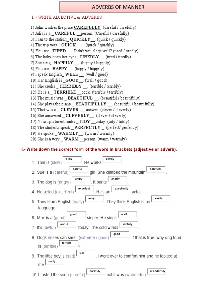 Adverbs of Manner Exercises | PDF | Linguistic Morphology | Syntax