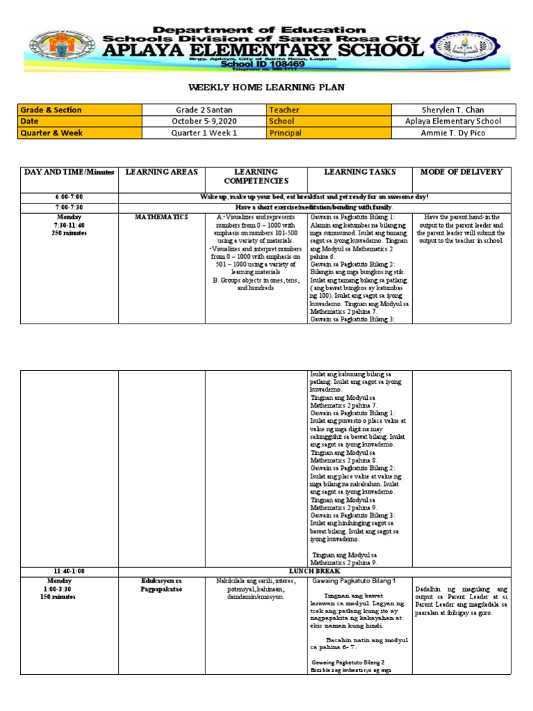 Weekly Home Learning Plan Grade 2 | PDF
