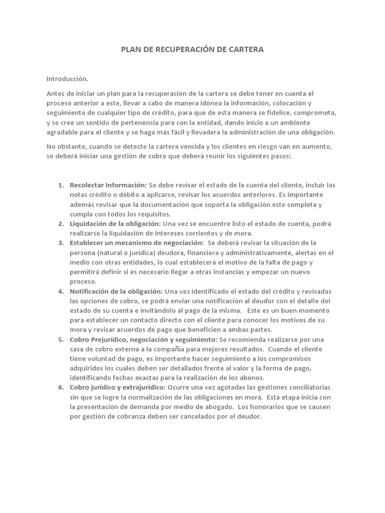 Plan de Recuperación de Cartera | PDF | Crédito | Finanzas y administración del dinero