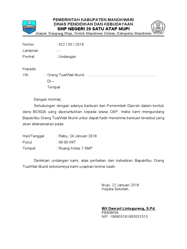Surat Undangan Penerimaan Raport | PDF