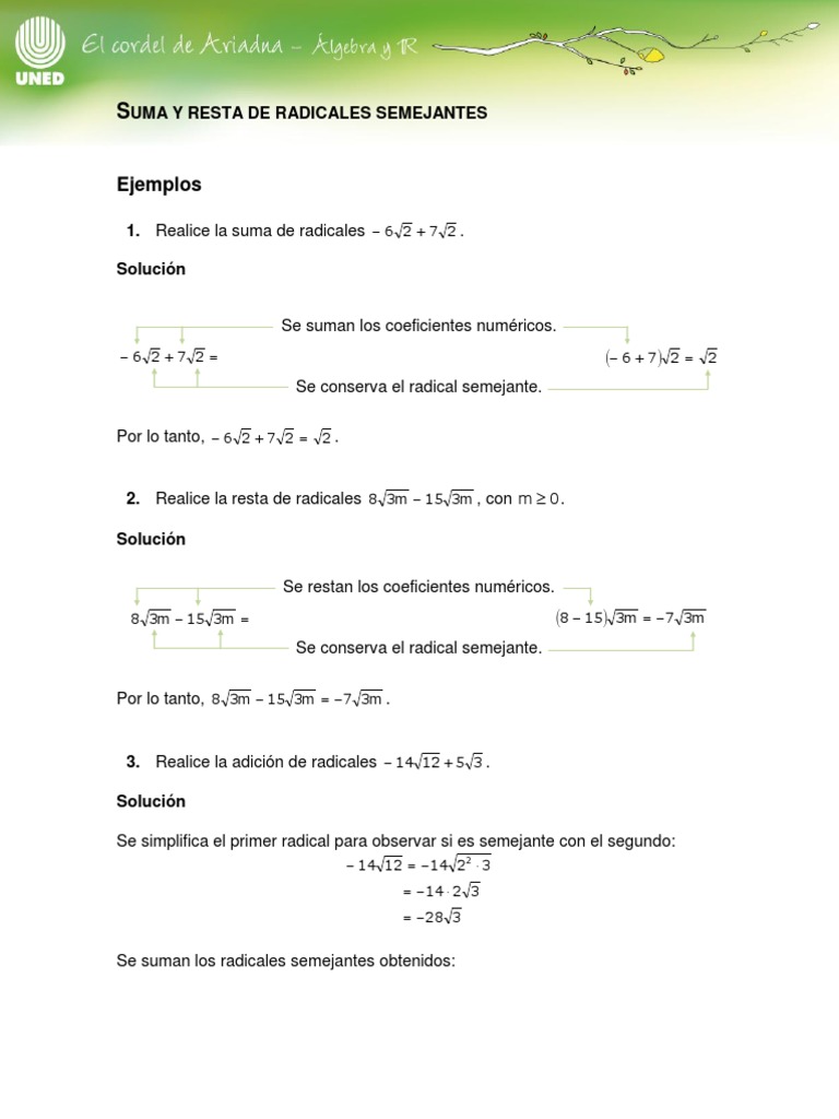 Algebra Suma y Resta Radicales Semejantes PDF | PDF | Sustracción ...