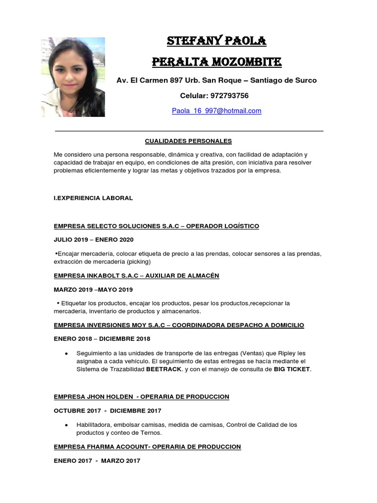 CV Stefany Peralta Mozombite | PDF | Business | Informática y tecnología de la información