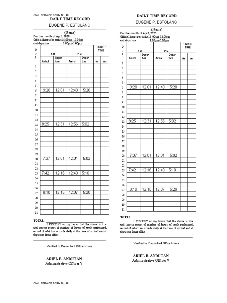 DTR Daily Time Record Form 48 | PDF | Observances