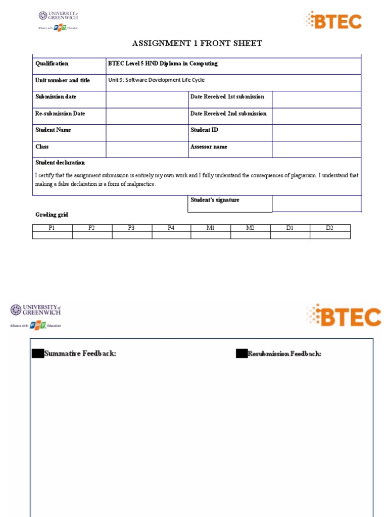 Assignment 1 Front Sheet: Qualification BTEC Level 5 HND Diploma in Computing Unit Number and ...