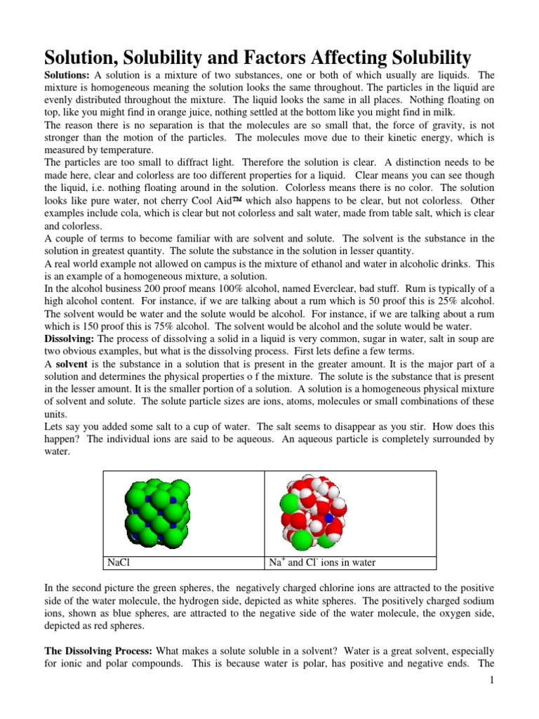 Solution, Solubility and Factors Affecting Solubility | PDF | Solution ...