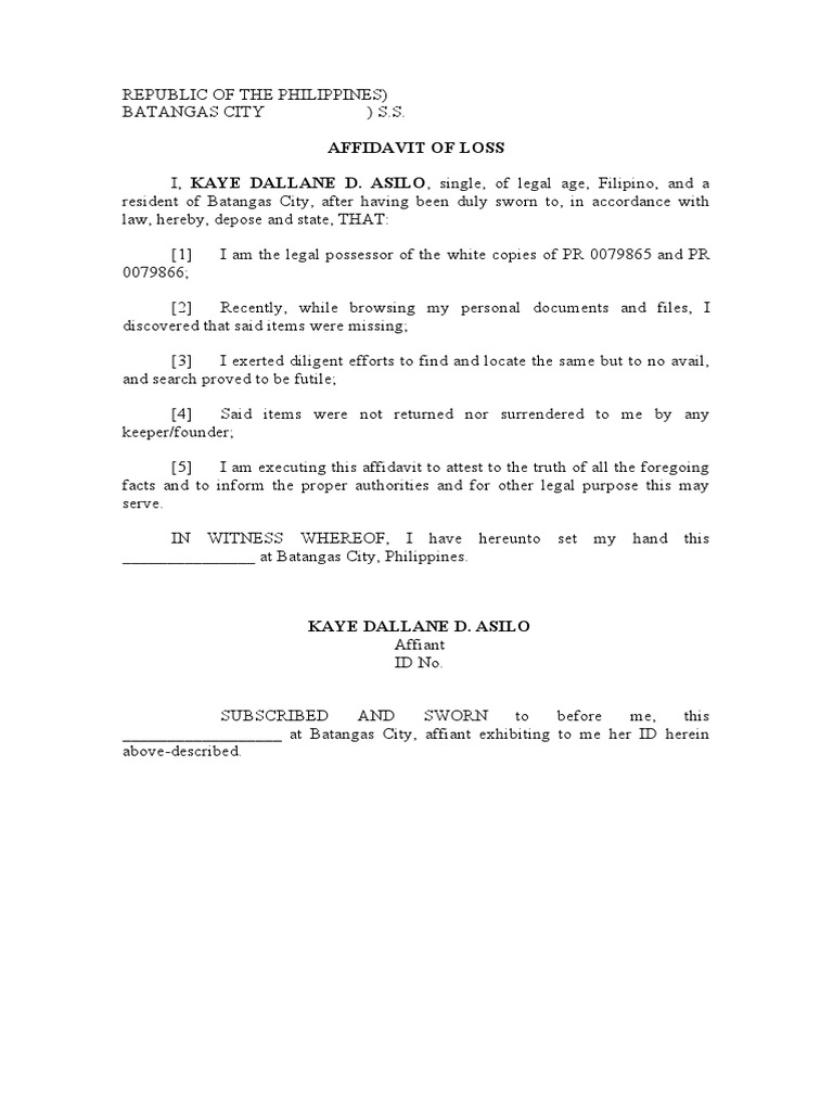 Affidavit of Loss Draft Kaye Dallane D. Asilo Prs | PDF
