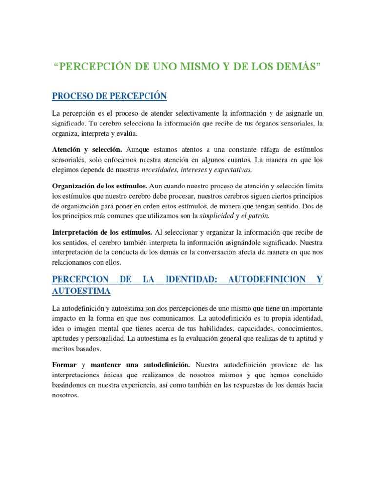 Percepcion de Uno Mismo y de Los Demas | PDF | Percepción | Autoestima