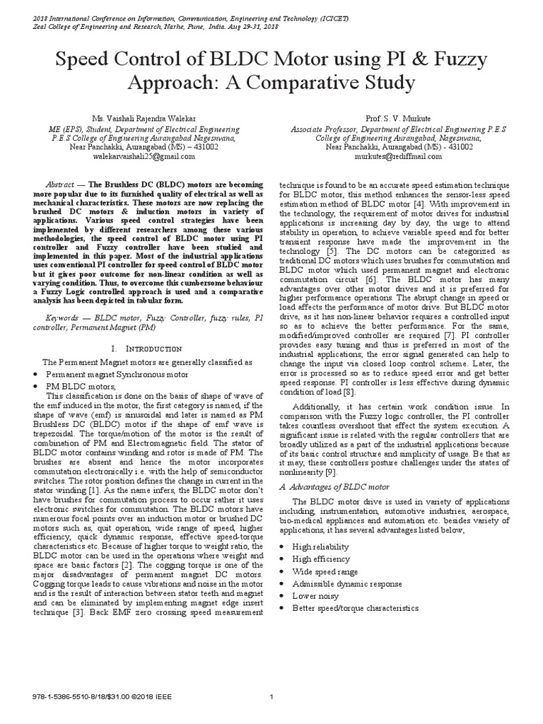 Speed Control of BLDC Motor Using PI & Fuzzy Approach: A Comparative ...