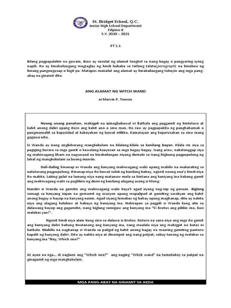 PT 1.1 (Pagsulat NG Alamat - SAMPLE) | PDF