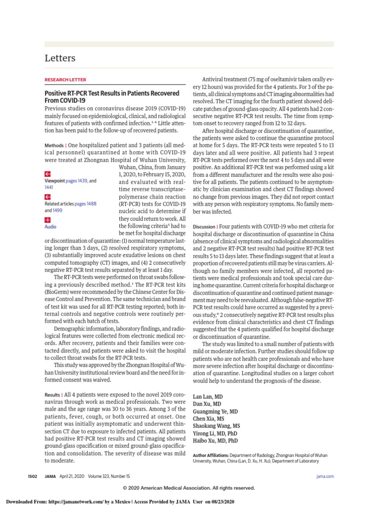 Letters: Positive RT-PCR Test Results in Patients Recovered From COVID ...