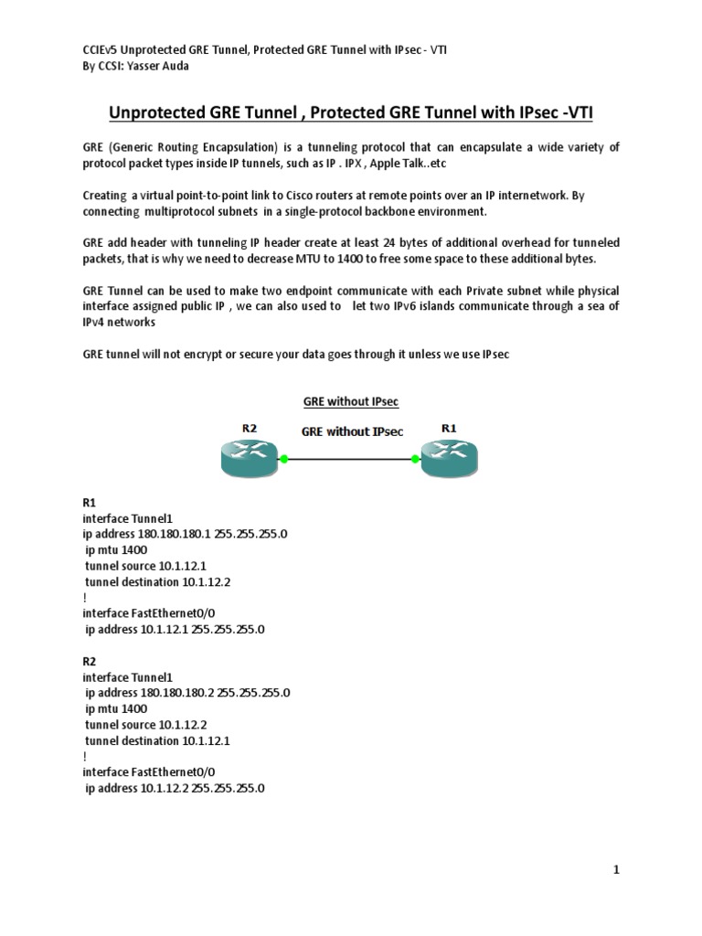 Yasser Auda CCIEv5 Unprotected GRE Tunnel, Protected GRE Tunnel With IPsec - VTI | PDF ...