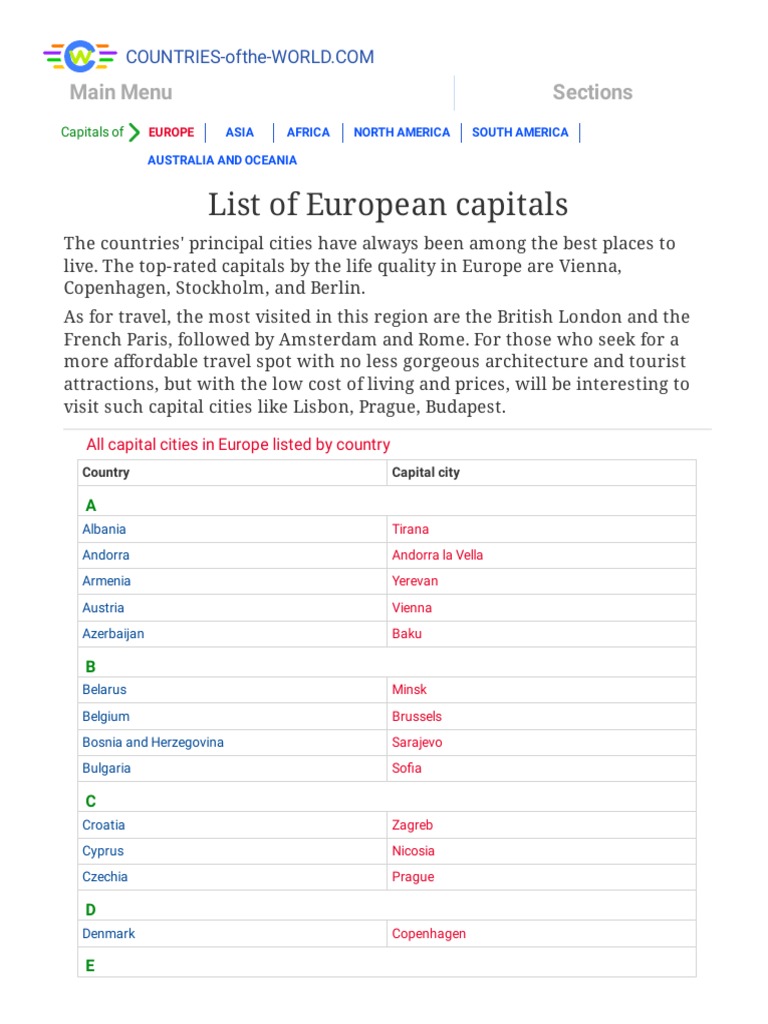 List of European Capitals: Sections Main Menu | PDF | Europe Travel ...