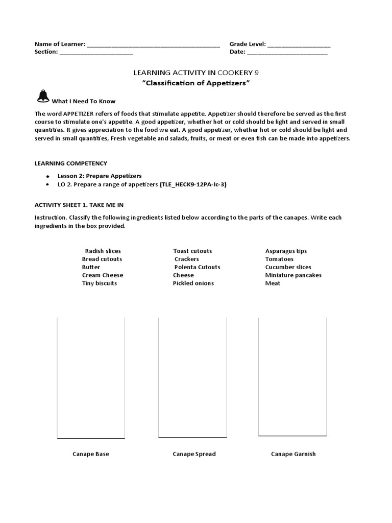 Classification of Appetizers in Cookery 9 | PDF | Hors D'oeuvre ...