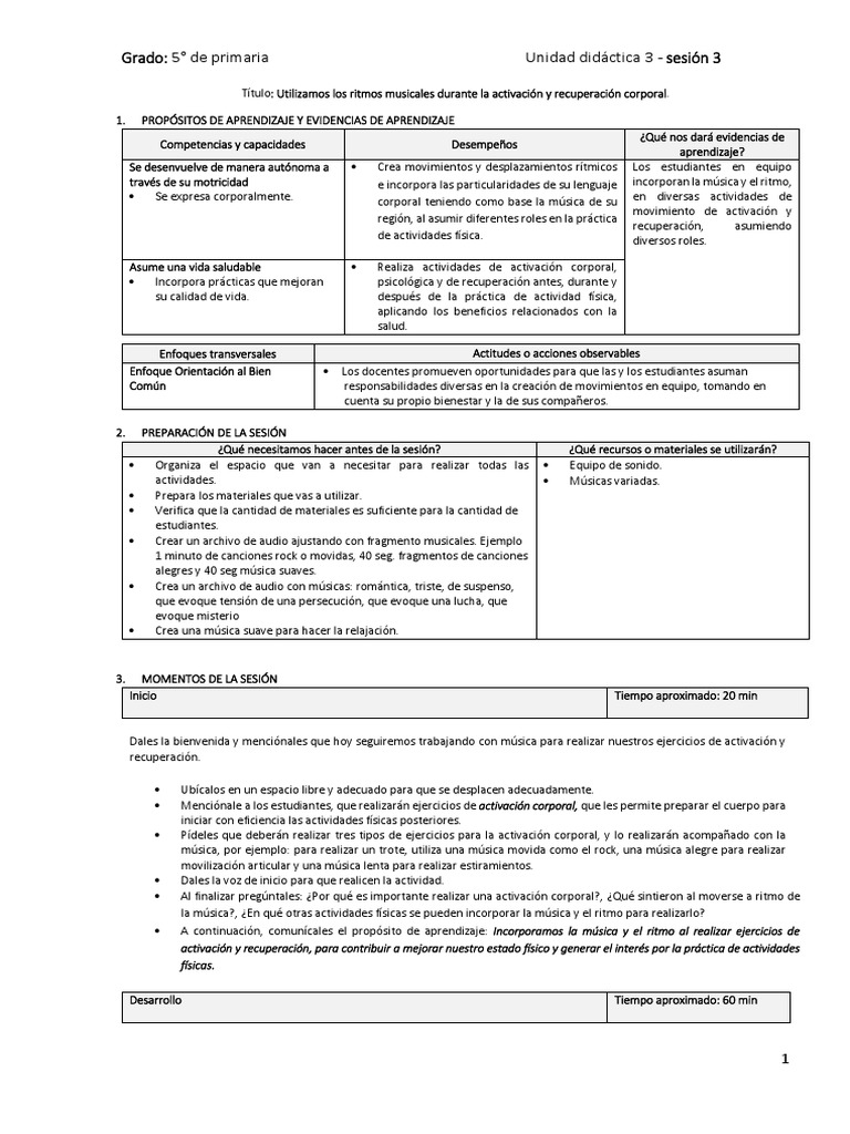 Grado: 5° de Primaria Unidad Didáctica 3 - Sesión 3 | PDF | Ritmo ...