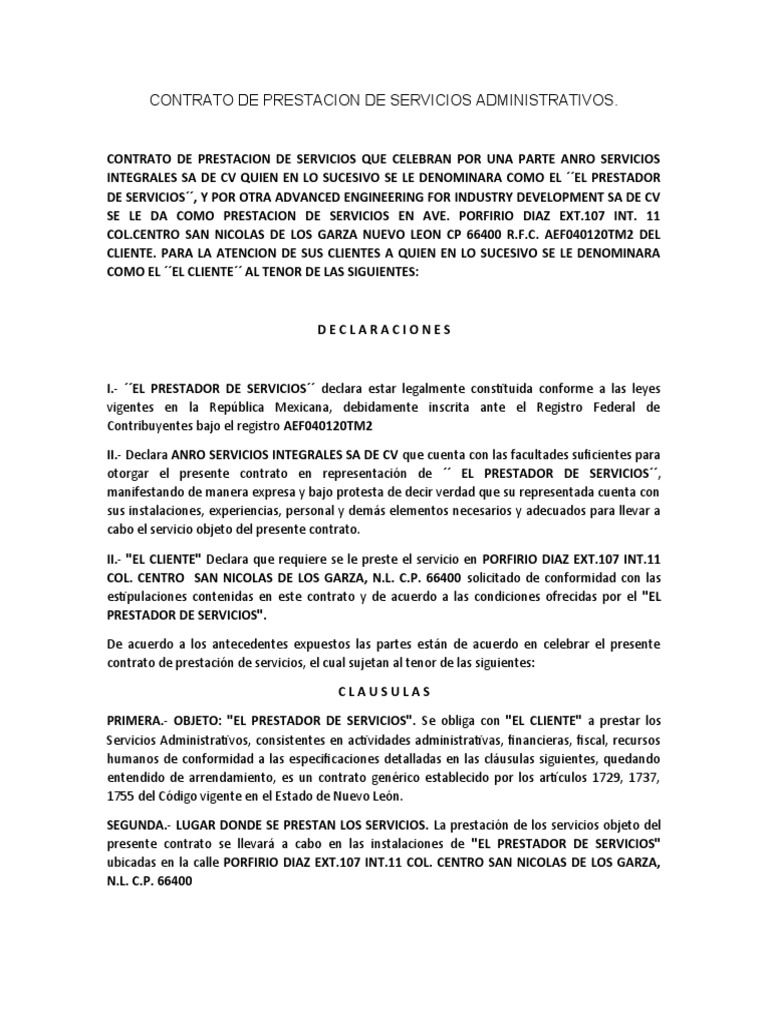 Contrato de Prestacion de Servicios Administrativos | PDF | Pagos | Derecho privado