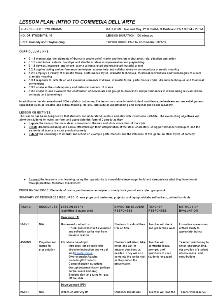 Lesson Plan: Intro To Commedia Dell'Arte | PDF | Teachers | Behavior ...