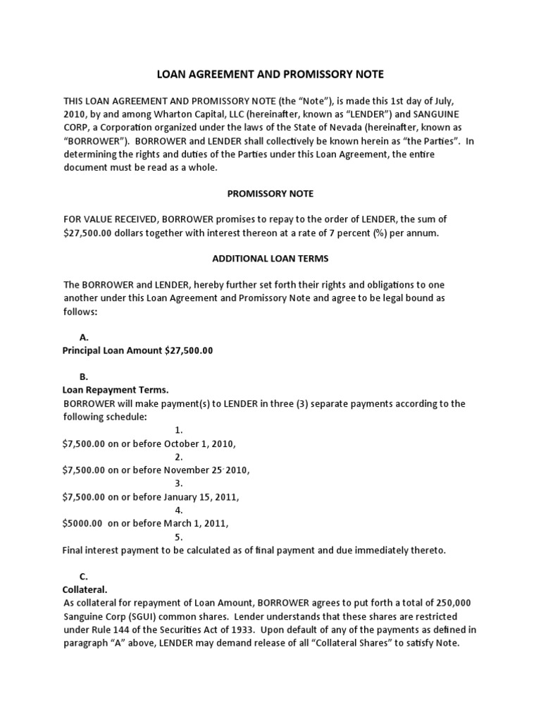 Loan Agreement and Promissory Note | PDF | Loans | Promissory Note