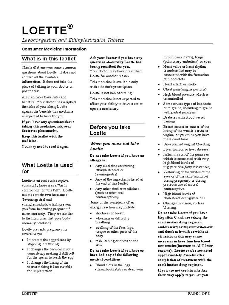Loette: Levonorgestrel and Ethinylestradiol Tablets | PDF | Birth ...