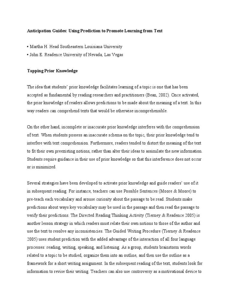 Anticipation Guides: Using Prediction To Promote Learning From Text ...