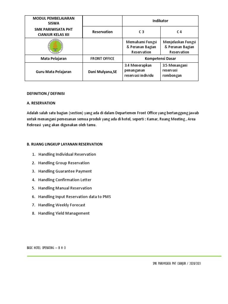 Modul Pembelajaran Siswa - Reservation | PDF