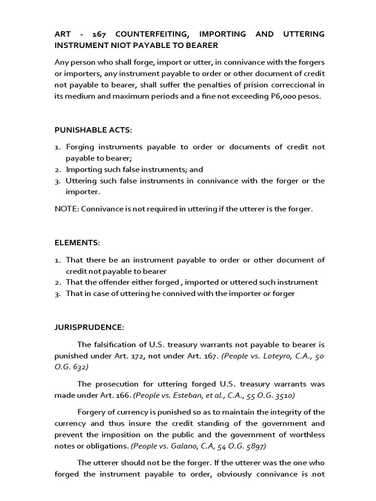 Art - 167 Counterfeiting, Importing and Uttering Instrument Niot ...