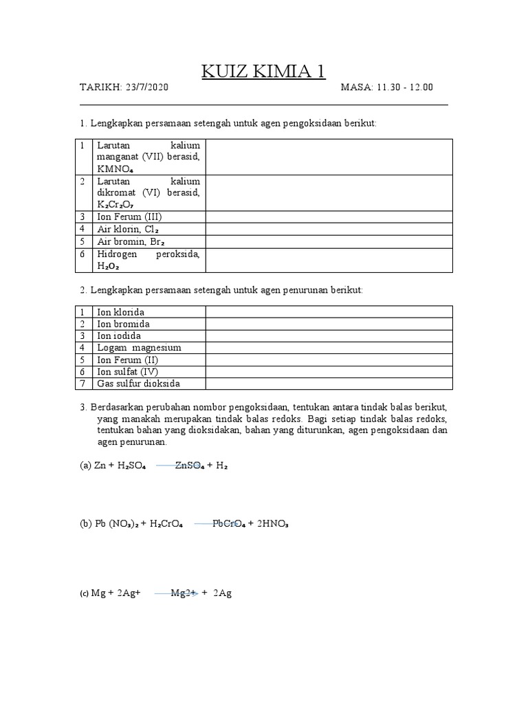 Kuiz Kimia: Persamaan Setengah Redoks | PDF | Sains & Matematika ...