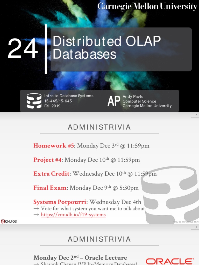 Distributed OLAP Databases: Intro To Database Systems Andy Pavlo | PDF | Databases | Cloud Computing