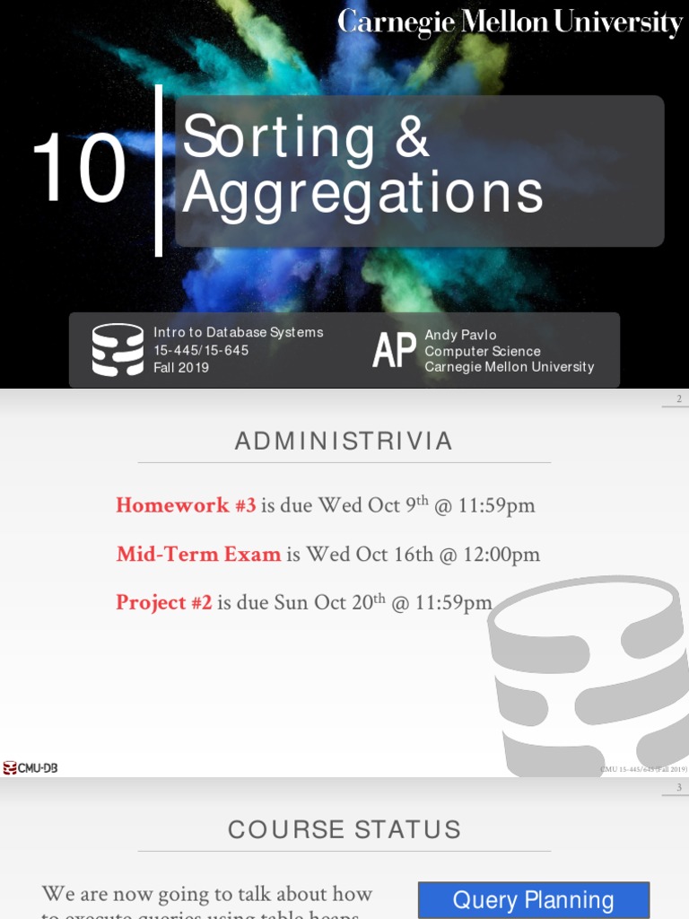 Sorting & Aggregations: Intro To Database Systems Andy Pavlo | PDF | Database Index | Databases