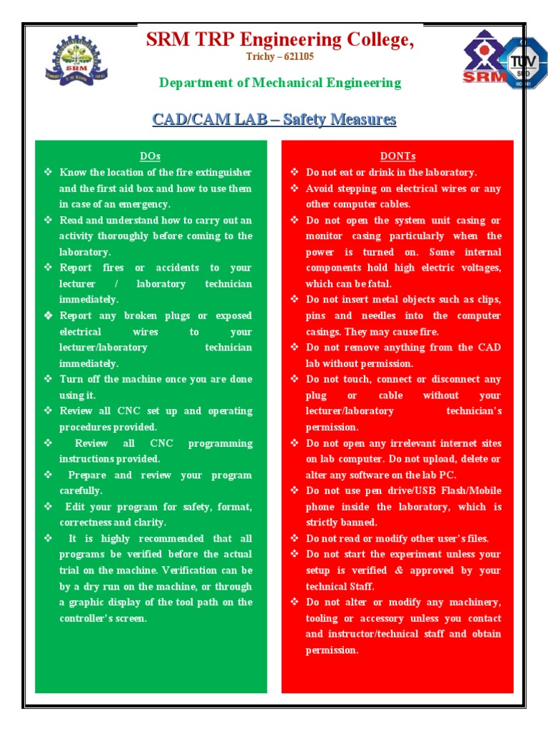 Safety Measures - Mech - CAD CAM LAB | PDF | Laboratories | Numerical ...