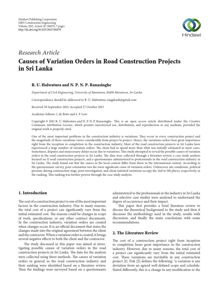 Causes of Variation Orders in Road Construction Projects in Sri Lanka ...
