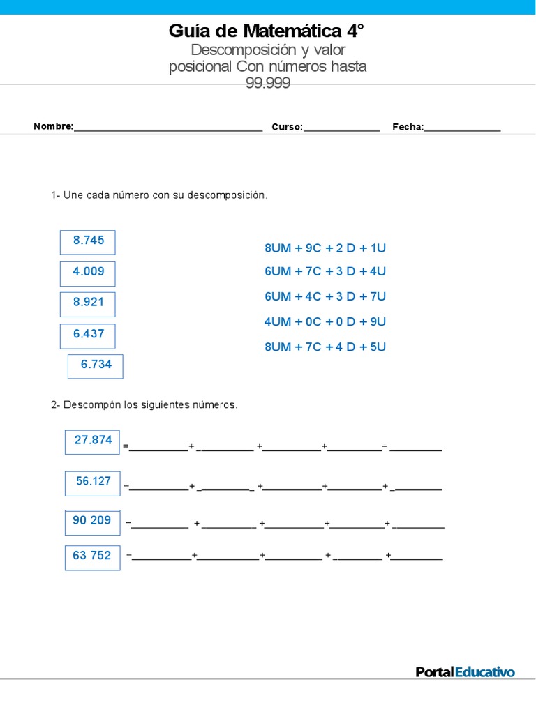 Descomposición y Valor Posicional Con Números Hasta 99.999 | PDF ...