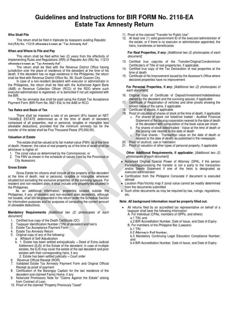 Guidelines and Instructions For BIR FORM No. 2118-EA Estate Tax Amnesty ...