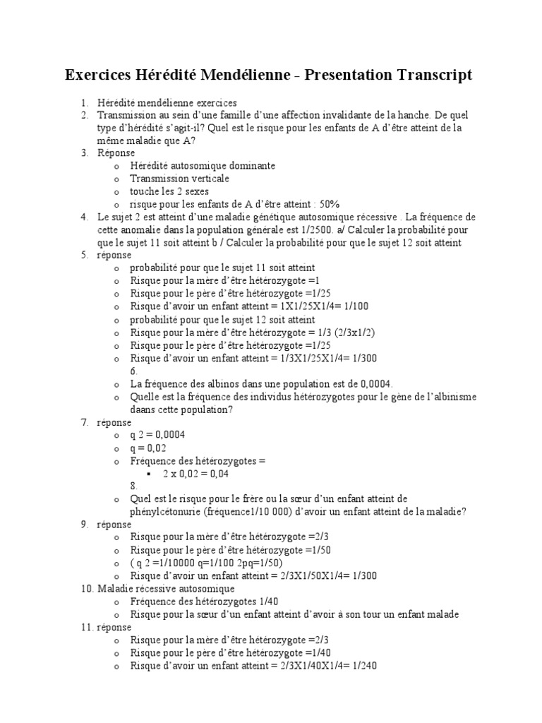 Exercices Hérédité Mendélienne | PDF | Hérédité | Génétique