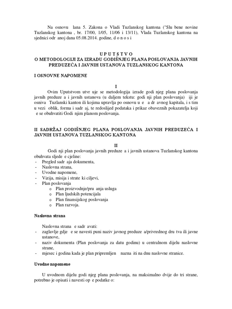 Uputstvo o Metodologiji Za Izradu Godisnjeg Plana Poslovanja Javnih Preduzeca PDF | PDF