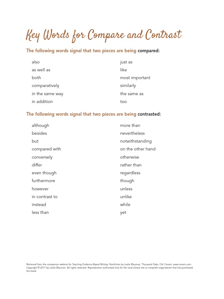 Key Words For Compare and Contrast: The Following Words Signal That Two ...