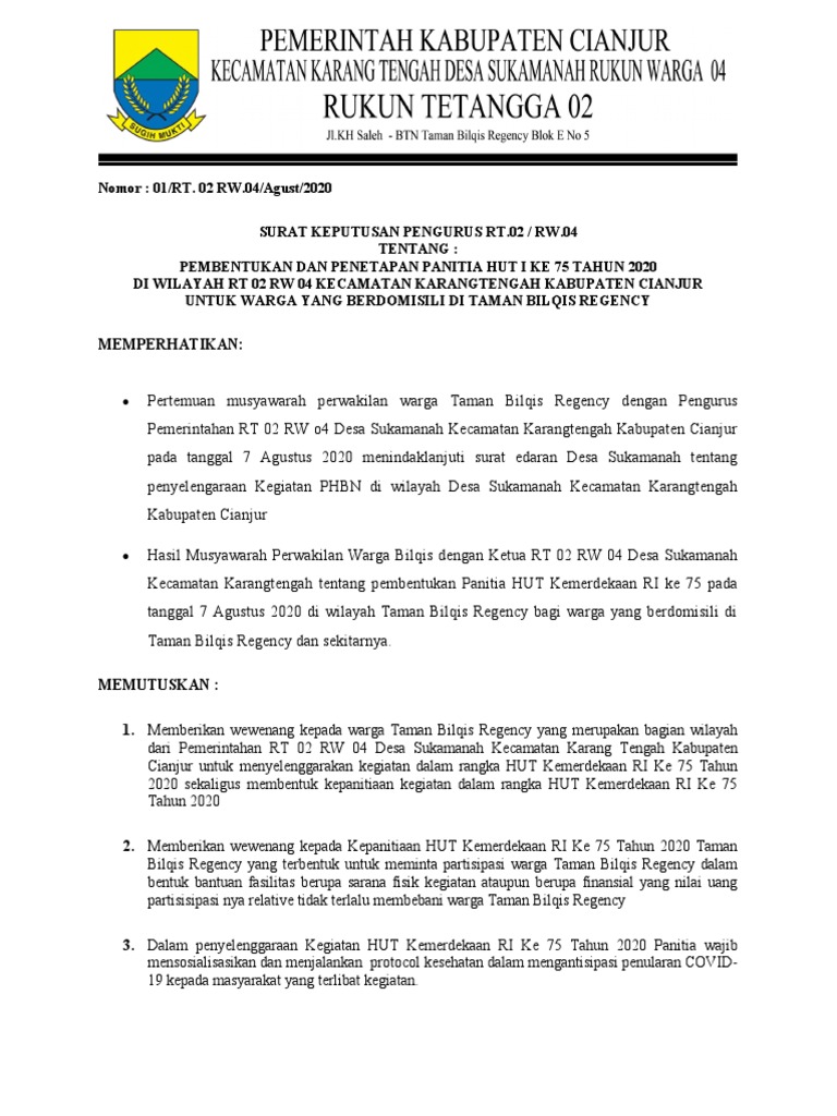 Surat Keputusan RT 02 RW 04 Tentang Hut Ri Ke 75 Agustus 2020 | PDF